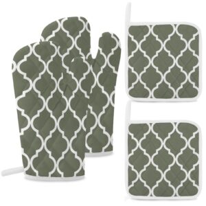 4pcs oven mitts and pot holders set, classic quatrefoil pattern olive green and white oven mitts gloves set heat resistant hot pads for kitchen cooking grill