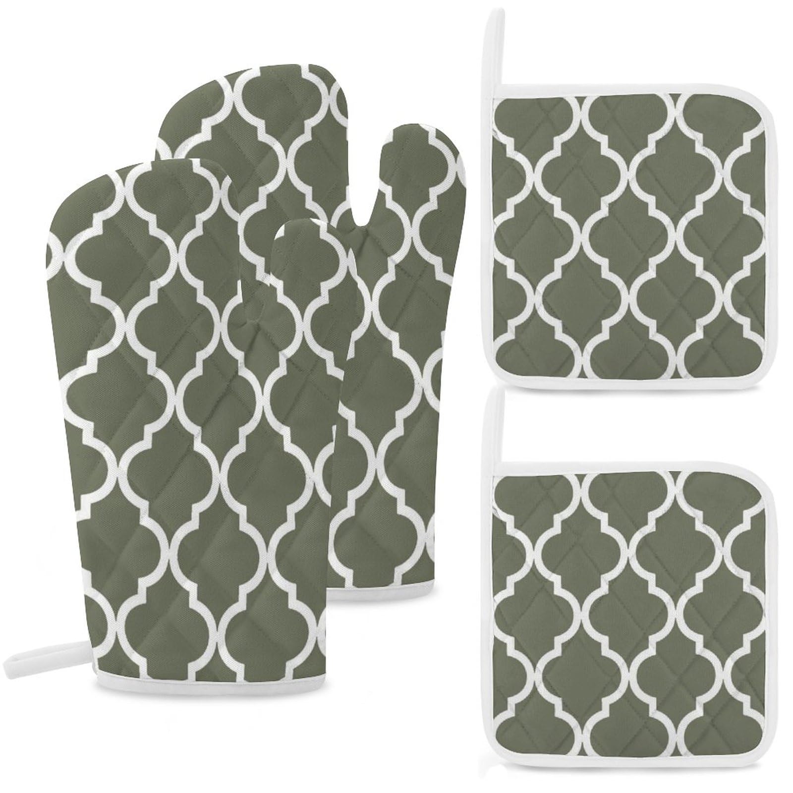 4Pcs Oven Mitts and Pot Holders Set, Classic Quatrefoil Pattern Olive Green and White Oven Mitts Gloves Set Heat Resistant Hot Pads for Kitchen Cooking Grill