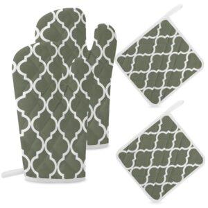 4Pcs Oven Mitts and Pot Holders Set, Classic Quatrefoil Pattern Olive Green and White Oven Mitts Gloves Set Heat Resistant Hot Pads for Kitchen Cooking Grill