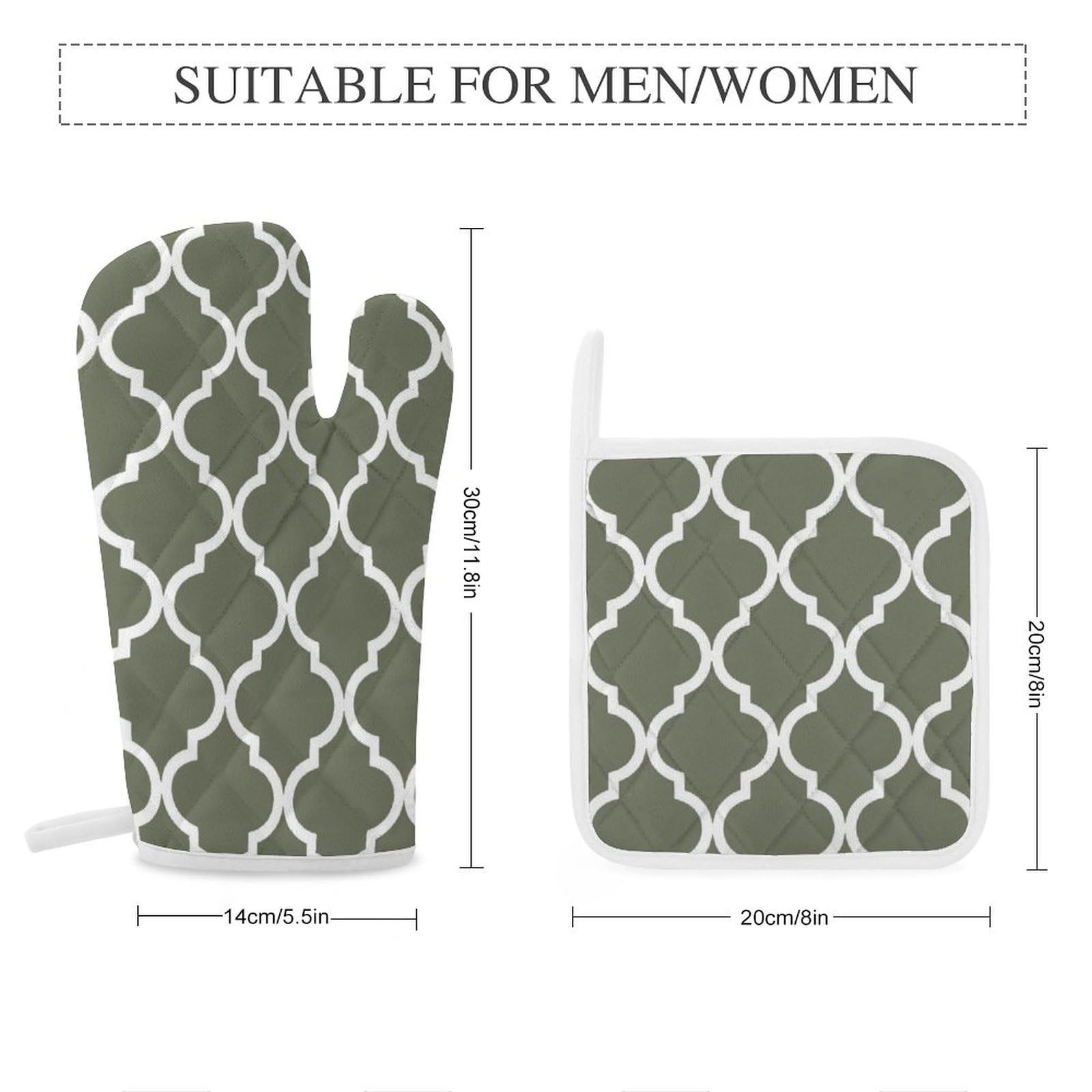 4Pcs Oven Mitts and Pot Holders Set, Classic Quatrefoil Pattern Olive Green and White Oven Mitts Gloves Set Heat Resistant Hot Pads for Kitchen Cooking Grill