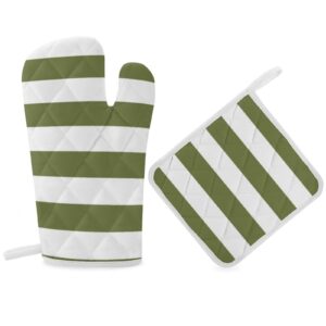 2pcs oven mitts and pot holders set, olive green and white stripes oven mitts gloves set heat resistant hot pads for kitchen cooking grill