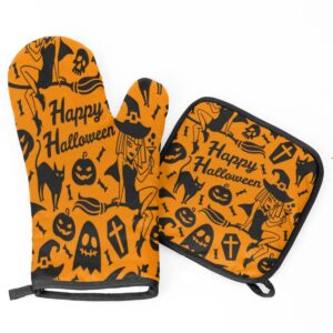 halloween cartoon witch pumpkin oven mitts and pot holders sets of 2 heat resistant non-slip kitchen gloves hot pads with inner cotton layer for cooking bbq baking grilling