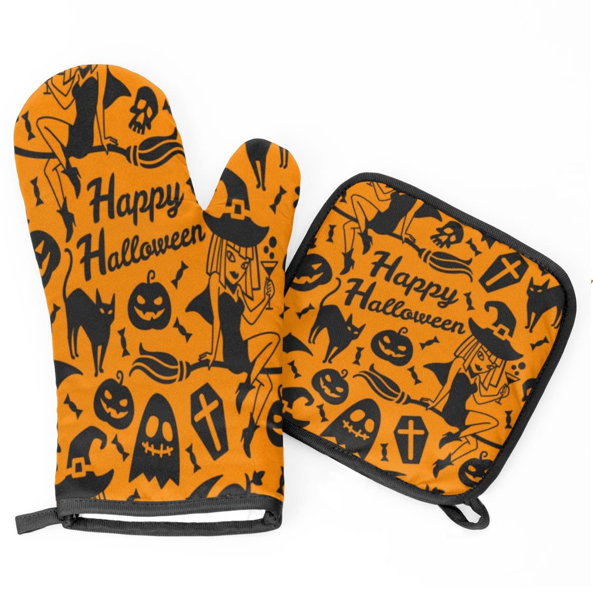 Halloween Cartoon Witch Pumpkin Oven Mitts and Pot Holders Sets of 2 Heat Resistant Non-Slip Kitchen Gloves Hot Pads with Inner Cotton Layer for Cooking BBQ Baking Grilling