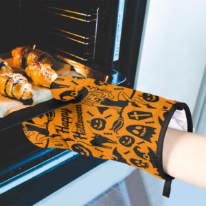 Halloween Cartoon Witch Pumpkin Oven Mitts and Pot Holders Sets of 2 Heat Resistant Non-Slip Kitchen Gloves Hot Pads with Inner Cotton Layer for Cooking BBQ Baking Grilling