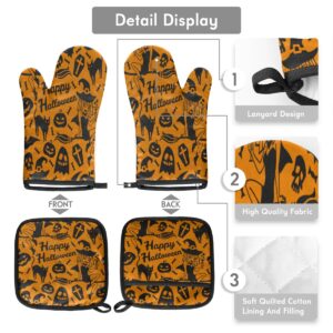 Halloween Cartoon Witch Pumpkin Oven Mitts and Pot Holders Sets of 2 Heat Resistant Non-Slip Kitchen Gloves Hot Pads with Inner Cotton Layer for Cooking BBQ Baking Grilling