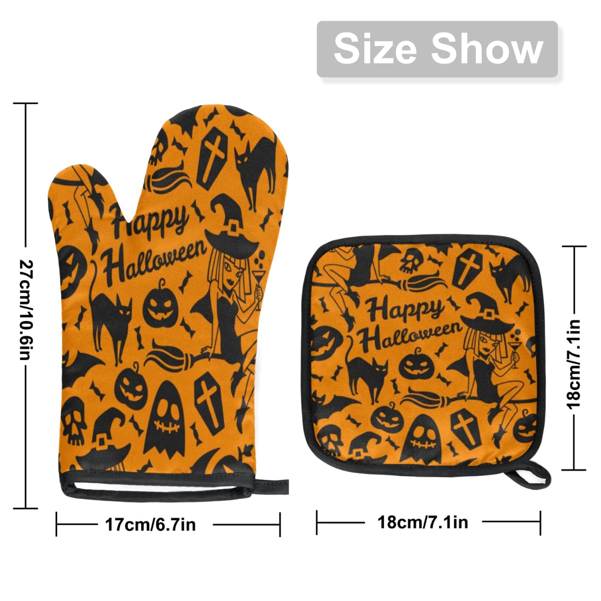 Halloween Cartoon Witch Pumpkin Oven Mitts and Pot Holders Sets of 2 Heat Resistant Non-Slip Kitchen Gloves Hot Pads with Inner Cotton Layer for Cooking BBQ Baking Grilling