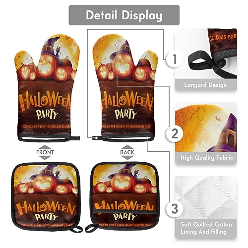 Halloween Party Pumpkin with Witch Hat Oven Mitts and Pot Holders Sets of 2 Heat Resistant Non-Slip Kitchen Gloves Hot Pads with Inner Cotton Layer for Cooking BBQ Baking Grilling