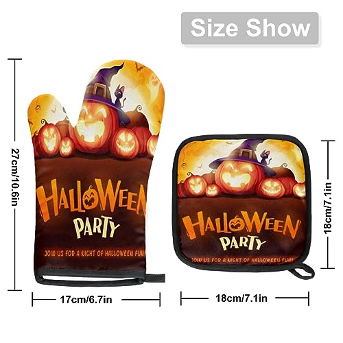 Halloween Party Pumpkin with Witch Hat Oven Mitts and Pot Holders Sets of 2 Heat Resistant Non-Slip Kitchen Gloves Hot Pads with Inner Cotton Layer for Cooking BBQ Baking Grilling