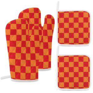 4pcs oven mitts and pot holders set, checkered red and orange oven mitts gloves set heat resistant hot pads for kitchen cooking grill