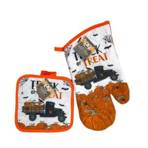 d.r.e.llc - trick or treating (orange) halloween/fall/autumn/holiday decor, oven mitt and pot holder set