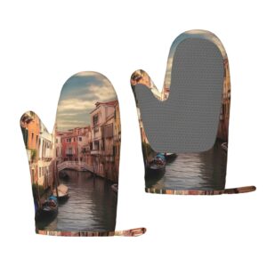 beautiful venice canal view printed oven mitts heat resistant oven gloves non-slip silicone kitchen gloves for cooking baking bbq gloves 1 pair