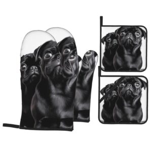 oven mitts and pot holders set of 4 cute black pug dog print kitchen oven glove fashion heat resistant oven gloves set for bbq grill baking cooking oven microwave