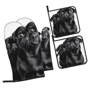 Oven Mitts and Pot Holders Set of 4 Cute Black Pug Dog Print Kitchen Oven Glove Fashion Heat Resistant Oven Gloves Set for BBQ Grill Baking Cooking Oven Microwave