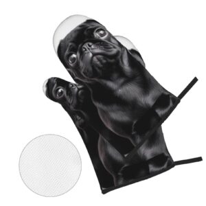 Oven Mitts and Pot Holders Set of 4 Cute Black Pug Dog Print Kitchen Oven Glove Fashion Heat Resistant Oven Gloves Set for BBQ Grill Baking Cooking Oven Microwave