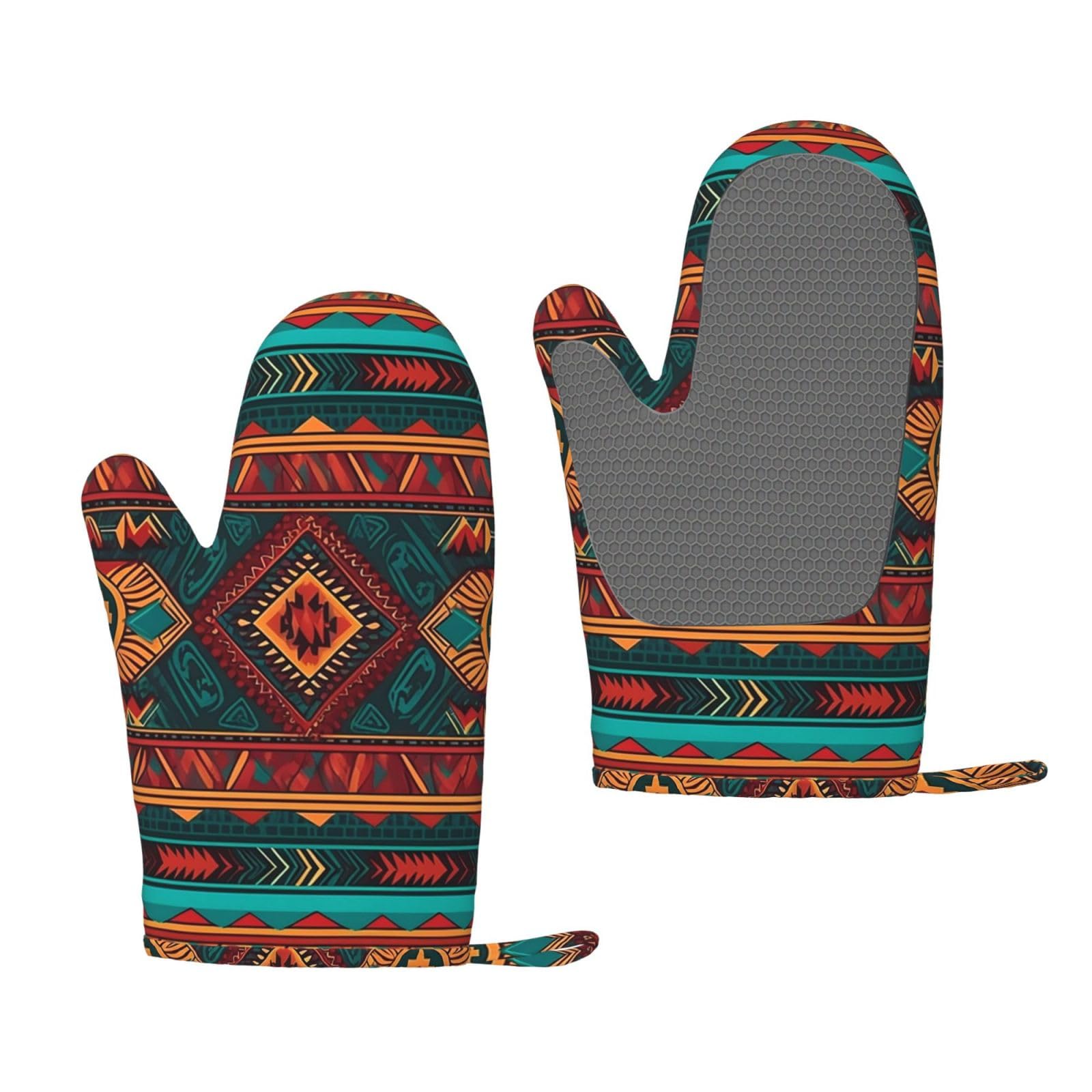 Ethnic Geometric Pattern Printed Oven Mitts Heat Resistant Oven Gloves Non-Slip Silicone Kitchen Gloves for Cooking Baking BBQ Gloves 1 Pair