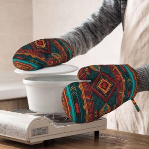 Ethnic Geometric Pattern Printed Oven Mitts Heat Resistant Oven Gloves Non-Slip Silicone Kitchen Gloves for Cooking Baking BBQ Gloves 1 Pair