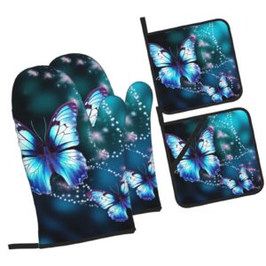 Oven Mitts and Pot Holders Set of 4 Beautiful Butterfly Print Kitchen Oven Glove Fashion Heat Resistant Oven Gloves Set for BBQ Grill Baking Cooking Oven Microwave