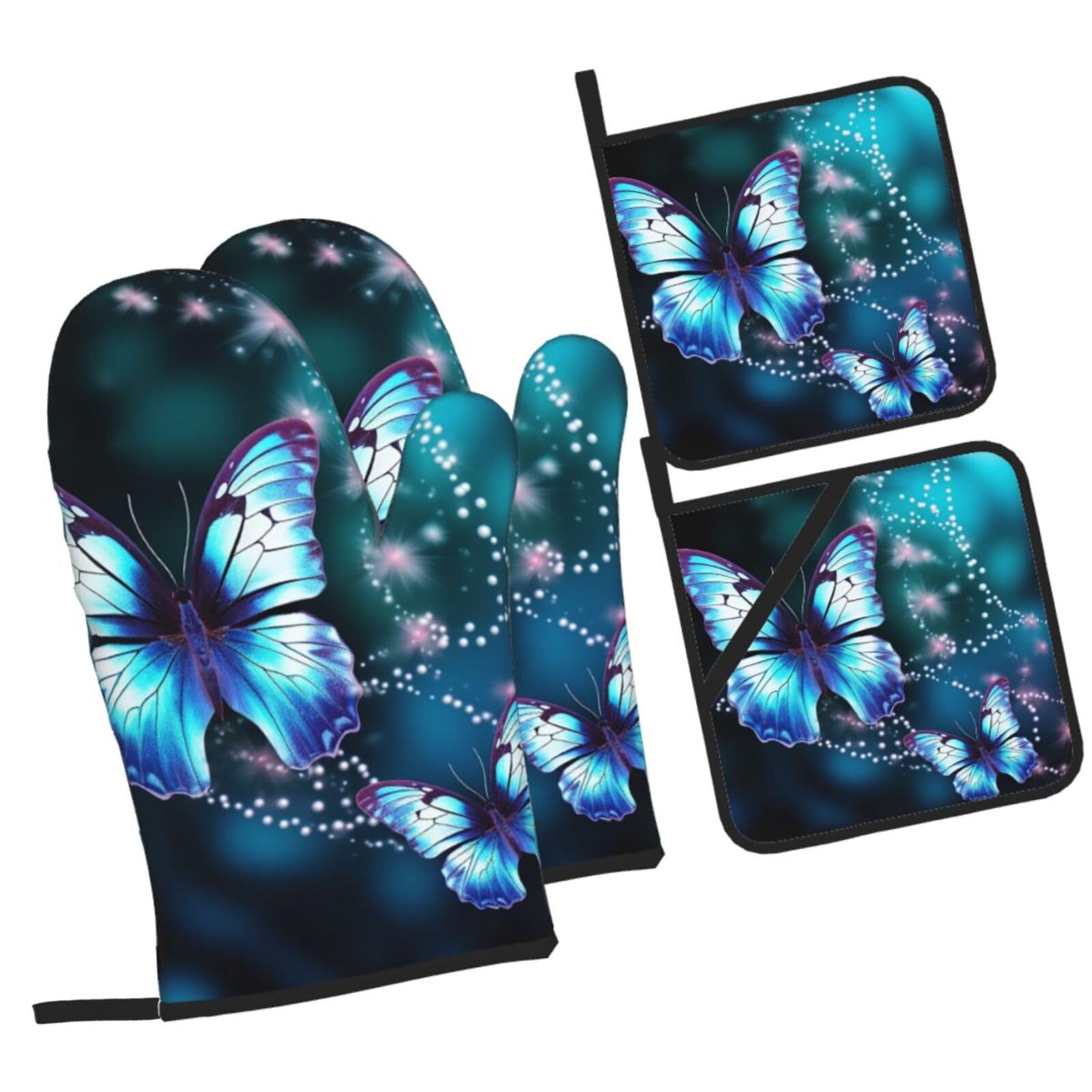 Oven Mitts and Pot Holders Set of 4 Beautiful Butterfly Print Kitchen Oven Glove Fashion Heat Resistant Oven Gloves Set for BBQ Grill Baking Cooking Oven Microwave