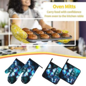 Oven Mitts and Pot Holders Set of 4 Beautiful Butterfly Print Kitchen Oven Glove Fashion Heat Resistant Oven Gloves Set for BBQ Grill Baking Cooking Oven Microwave