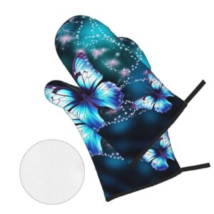 Oven Mitts and Pot Holders Set of 4 Beautiful Butterfly Print Kitchen Oven Glove Fashion Heat Resistant Oven Gloves Set for BBQ Grill Baking Cooking Oven Microwave