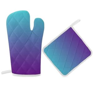 2pcs oven mitts and pot holders set, simple gradient turquoise blue purple oven mitts gloves set heat resistant hot pads for kitchen cooking grill