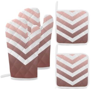 4pcs oven mitts and pot holders set, rose gold chevrons heat resistant oven mitts gloves set hot pads for kitchen cooking grill