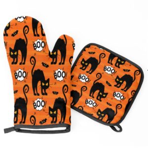 halloween cat bat oven mitts and pot holders sets of 2 heat resistant non-slip kitchen gloves hot pads with inner cotton layer for cooking bbq baking grilling