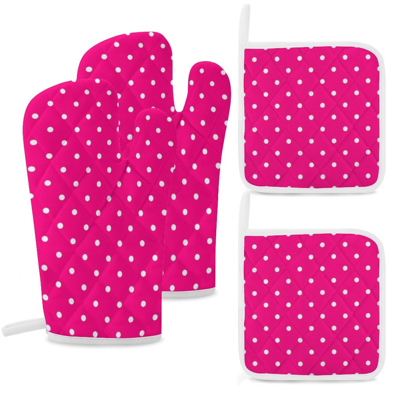 4PCS Oven Mitts and Pot Holders Sets, Polka Dot Hot Pink Oven Mitts Set Heat Resistant Kitchen Microwave Gloves Safe for Baking,Cooking, BBQ