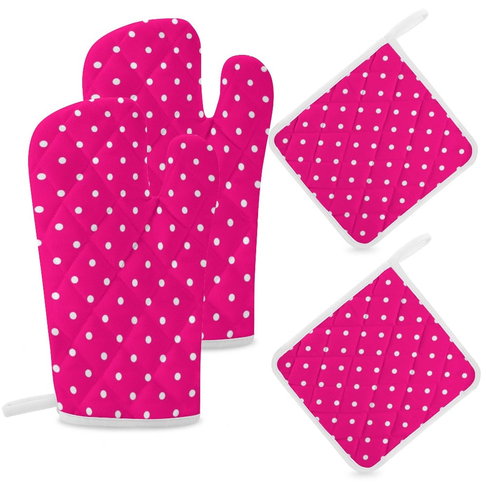 4PCS Oven Mitts and Pot Holders Sets, Polka Dot Hot Pink Oven Mitts Set Heat Resistant Kitchen Microwave Gloves Safe for Baking,Cooking, BBQ