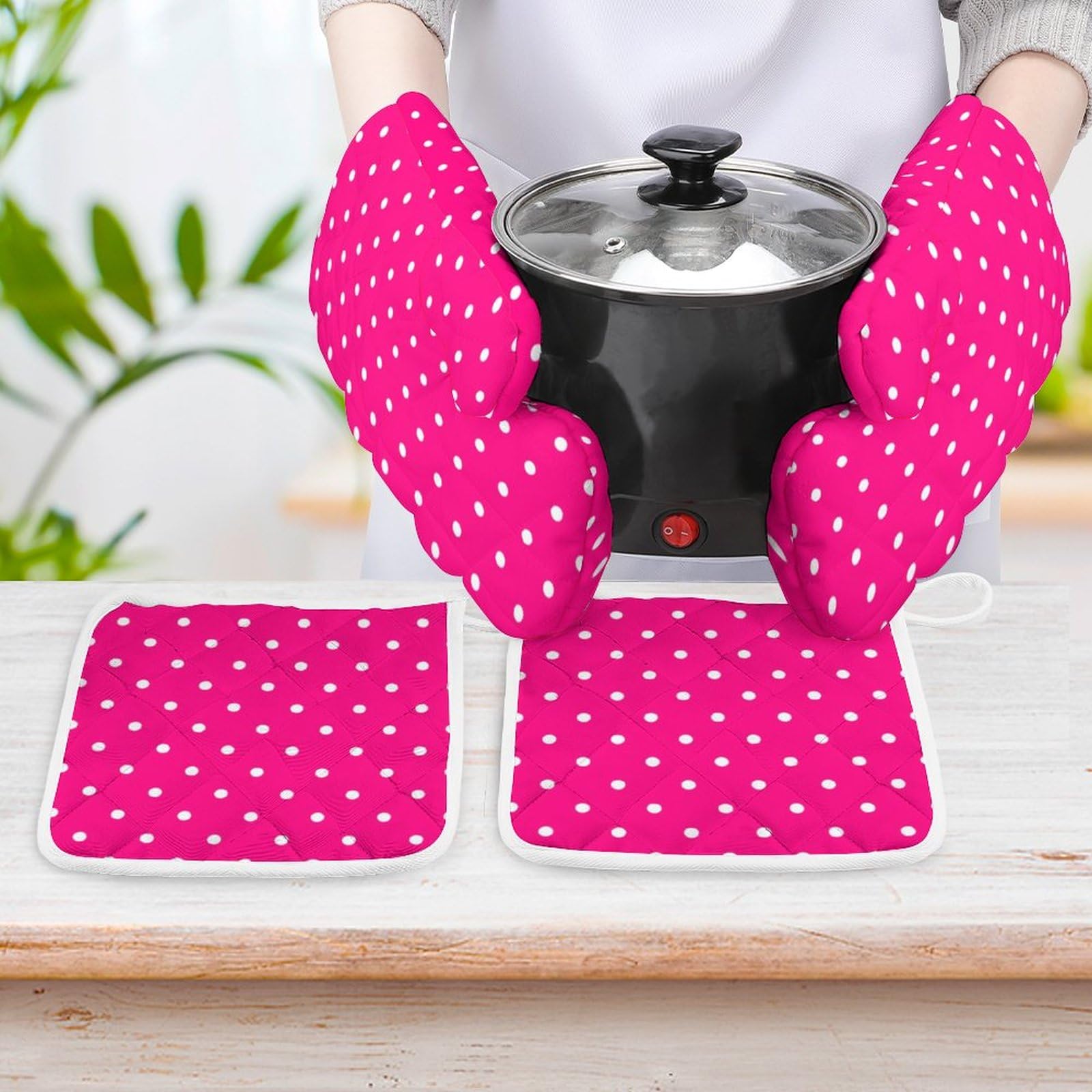 4PCS Oven Mitts and Pot Holders Sets, Polka Dot Hot Pink Oven Mitts Set Heat Resistant Kitchen Microwave Gloves Safe for Baking,Cooking, BBQ