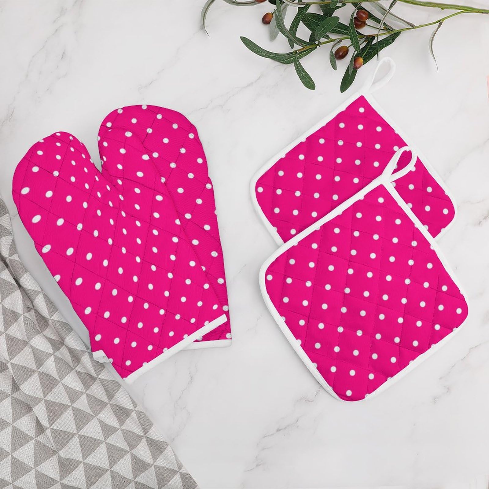 4PCS Oven Mitts and Pot Holders Sets, Polka Dot Hot Pink Oven Mitts Set Heat Resistant Kitchen Microwave Gloves Safe for Baking,Cooking, BBQ