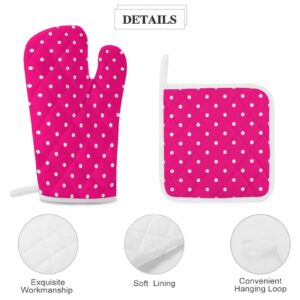 4PCS Oven Mitts and Pot Holders Sets, Polka Dot Hot Pink Oven Mitts Set Heat Resistant Kitchen Microwave Gloves Safe for Baking,Cooking, BBQ