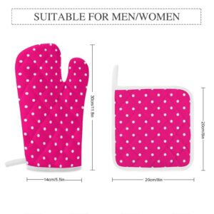 4PCS Oven Mitts and Pot Holders Sets, Polka Dot Hot Pink Oven Mitts Set Heat Resistant Kitchen Microwave Gloves Safe for Baking,Cooking, BBQ