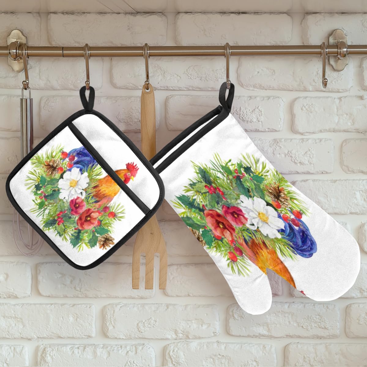 Rooster Bird Oven Mitts and Pot Holders Sets Heat Resistant Non Slip Oven Glove and Insulated Kitchen Counter Mat Suitable for Cooking Baking Grill