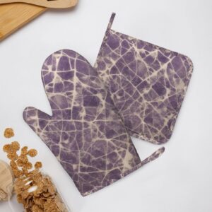 Purple Marble Pattern Silicone Oven Mitts Pot Holder Sets 2pcs Cute Design Washable Non Slip Kitchen Heat Resistant Mat Women's Cooking Gloves for Baking and BBQ Wear