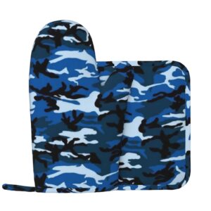 blue camo silicone oven mitts pot holder sets 2pcs cute design washable non slip kitchen heat resistant mat women's cooking gloves for baking and bbq wear