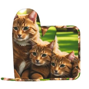 four cats silicone oven mitts pot holder sets 2pcs cute design washable non slip kitchen heat resistant mat women's cooking gloves for baking and bbq wear