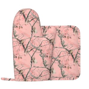 pink leaves camo silicone oven mitts pot holder sets 2pcs cute design washable non slip kitchen heat resistant mat women's cooking gloves for baking and bbq wear