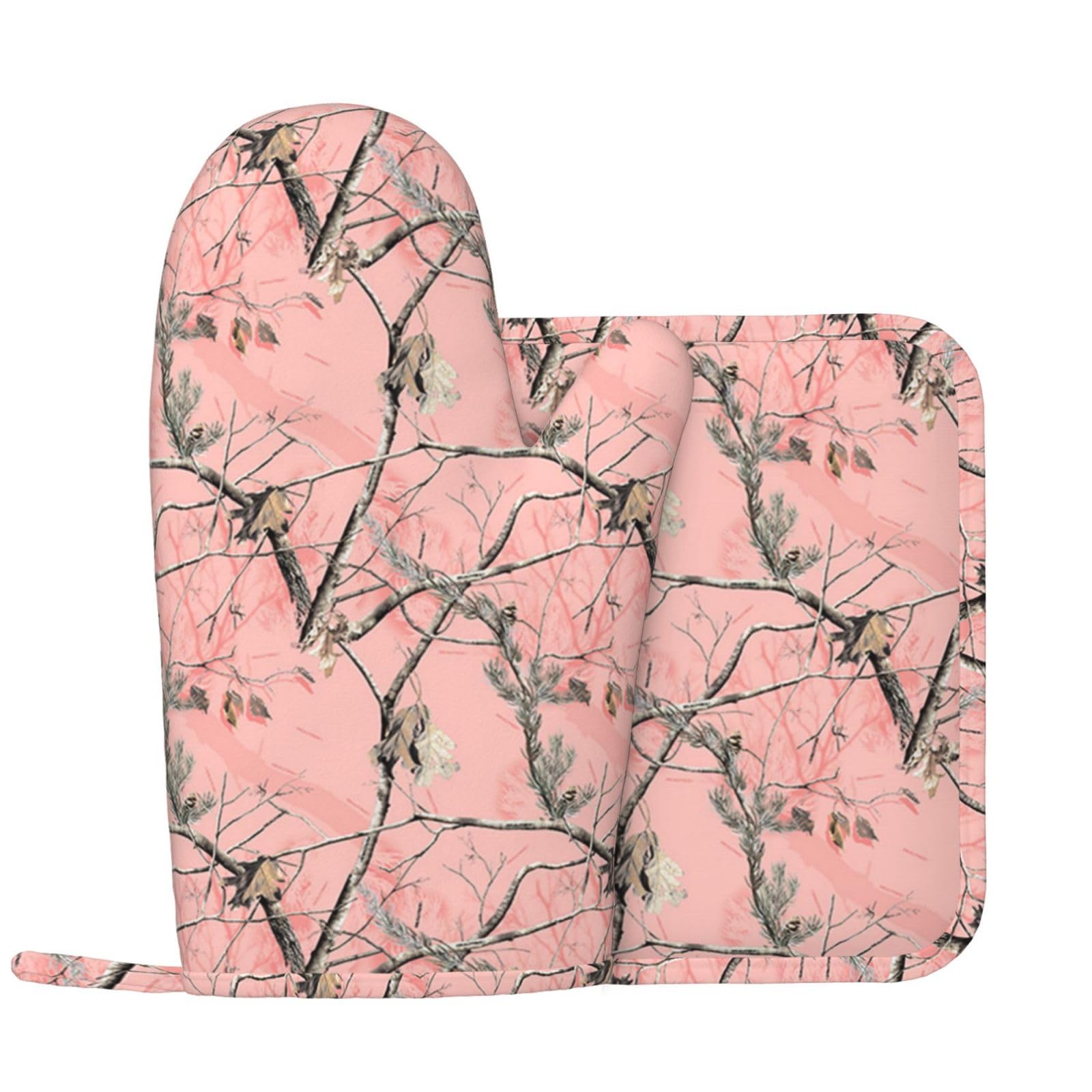 Pink Leaves Camo Silicone Oven Mitts Pot Holder Sets 2pcs Cute Design Washable Non Slip Kitchen Heat Resistant Mat Women's Cooking Gloves for Baking and BBQ Wear