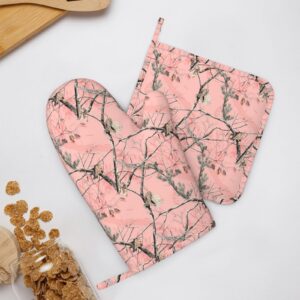 Pink Leaves Camo Silicone Oven Mitts Pot Holder Sets 2pcs Cute Design Washable Non Slip Kitchen Heat Resistant Mat Women's Cooking Gloves for Baking and BBQ Wear