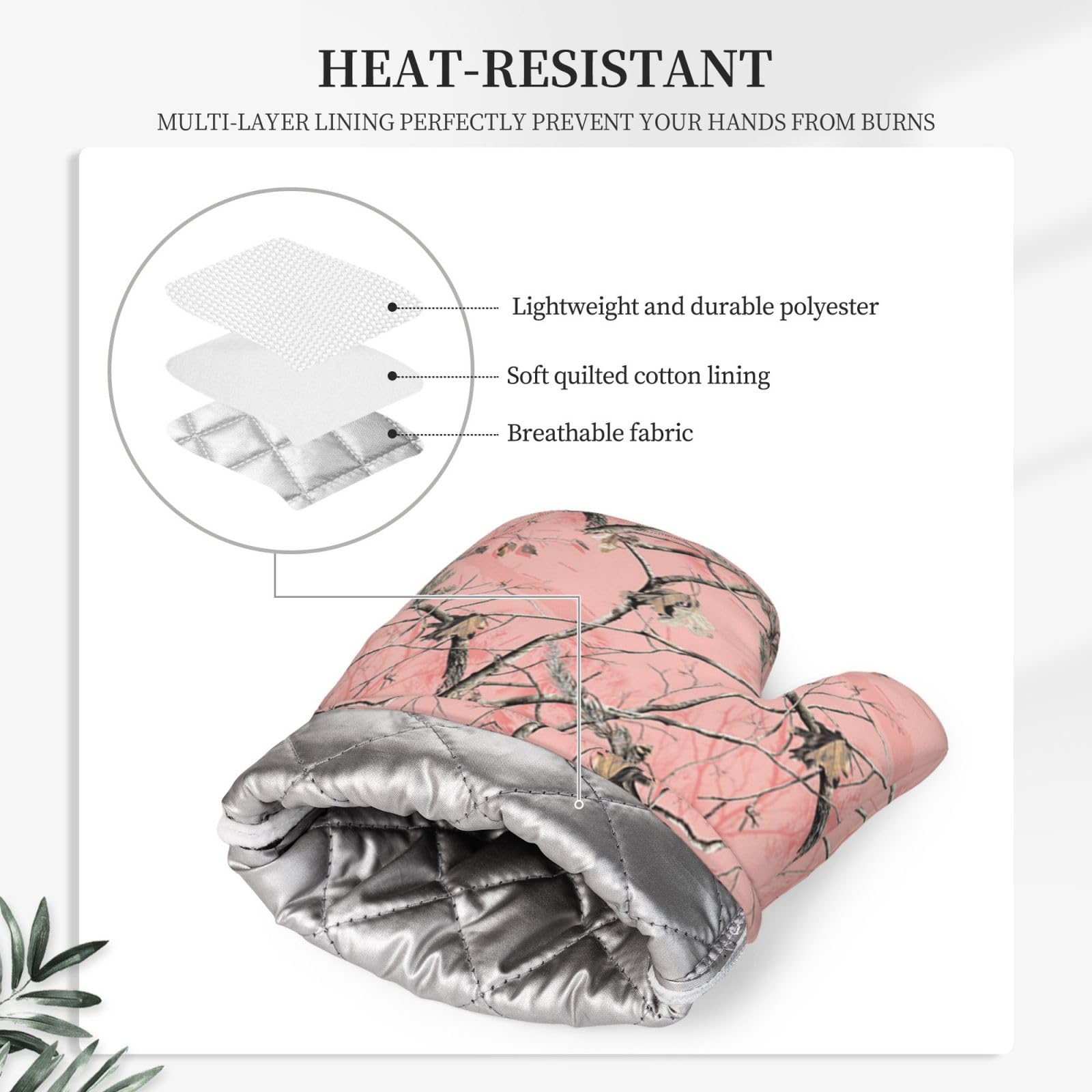 Pink Leaves Camo Silicone Oven Mitts Pot Holder Sets 2pcs Cute Design Washable Non Slip Kitchen Heat Resistant Mat Women's Cooking Gloves for Baking and BBQ Wear