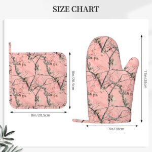 Pink Leaves Camo Silicone Oven Mitts Pot Holder Sets 2pcs Cute Design Washable Non Slip Kitchen Heat Resistant Mat Women's Cooking Gloves for Baking and BBQ Wear