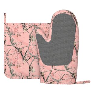 Pink Leaves Camo Silicone Oven Mitts Pot Holder Sets 2pcs Cute Design Washable Non Slip Kitchen Heat Resistant Mat Women's Cooking Gloves for Baking and BBQ Wear