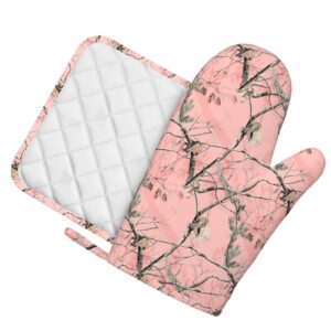 Pink Leaves Camo Silicone Oven Mitts Pot Holder Sets 2pcs Cute Design Washable Non Slip Kitchen Heat Resistant Mat Women's Cooking Gloves for Baking and BBQ Wear