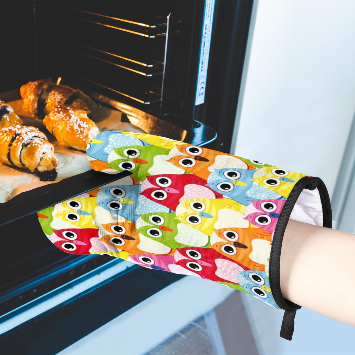 Cute Colorful Owl Oven Mitts and Pot Holders Sets of 2 Heat Resistant Non-Slip Kitchen Gloves Hot Pads with Inner Cotton Layer for Cooking BBQ Baking Grilling