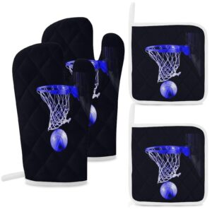 4pcs oven mitts and pot holders set, blue basketball oven mitts gloves set heat resistant hot pads for kitchen cooking grill