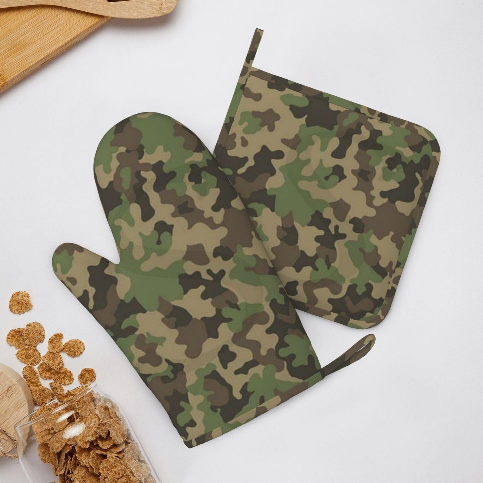 Green Camo Silicone Oven Mitts Pot Holder Sets 2pcs Cute Design Washable Non Slip Kitchen Heat Resistant Mat Women's Cooking Gloves for Baking and BBQ Wear