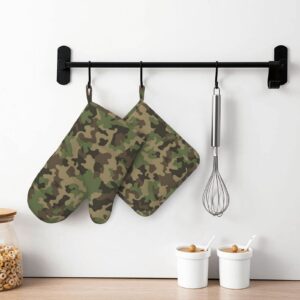 Green Camo Silicone Oven Mitts Pot Holder Sets 2pcs Cute Design Washable Non Slip Kitchen Heat Resistant Mat Women's Cooking Gloves for Baking and BBQ Wear