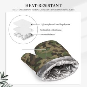 Green Camo Silicone Oven Mitts Pot Holder Sets 2pcs Cute Design Washable Non Slip Kitchen Heat Resistant Mat Women's Cooking Gloves for Baking and BBQ Wear