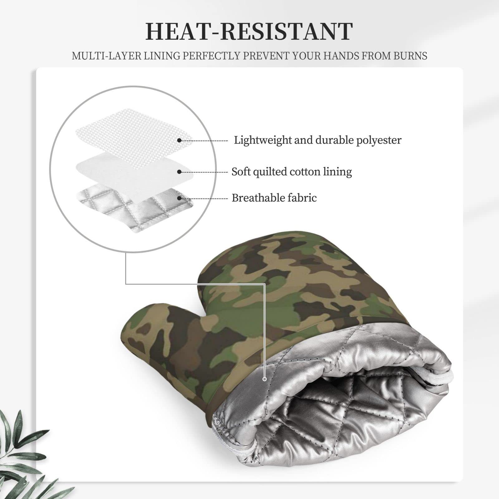 Green Camo Silicone Oven Mitts Pot Holder Sets 2pcs Cute Design Washable Non Slip Kitchen Heat Resistant Mat Women's Cooking Gloves for Baking and BBQ Wear